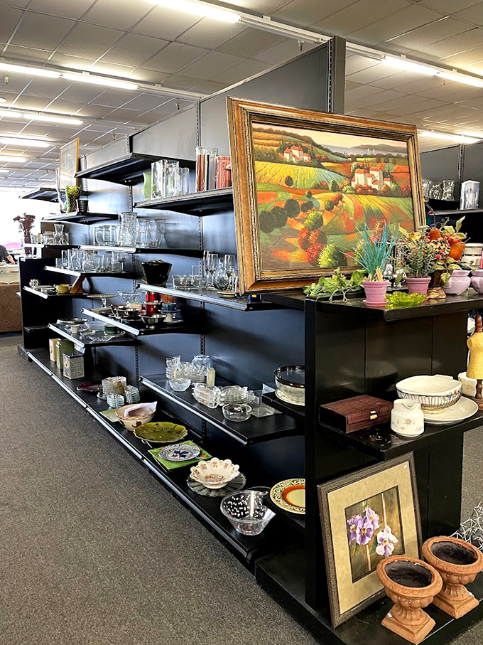 Like a museum where everything's for sale, these shelves showcase the delicate artistry of glassware without the "don't touch" signs or museum admission.