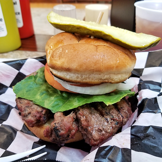 A burger that demands a two-handed commitment and possibly a post-meal nap. Worth every delicious, messy bite and minute of food coma.