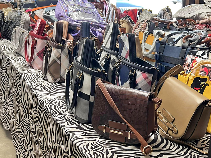 Handbag heaven awaits the fashionista on a budget. That zebra-print tablecloth adds just the right touch of wild to this sophisticated collection.
