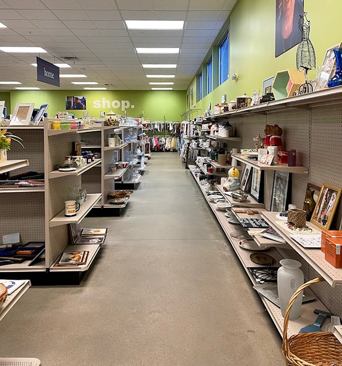 "Shop" proclaims the lime green wall, as if anyone needed encouragement to browse these meticulously arranged home decor treasures.