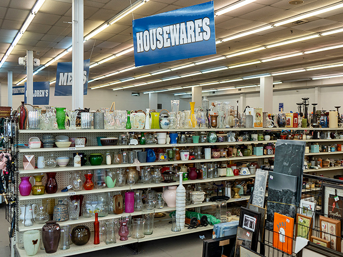 The housewares section gleams with potential, each glass vase and decorative bowl waiting for its second act in someone's carefully curated home. 