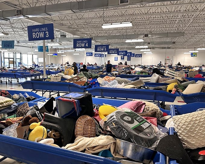 The "Hard Lines" section, where shoppers navigate rows with the strategic precision of chess grandmasters. Every bin rotation brings fresh possibilities.