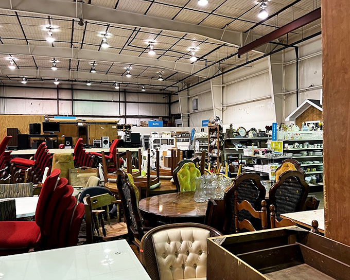 A warehouse wonderland where dining chairs from different decades mingle like guests at the world's most eclectic dinner party.