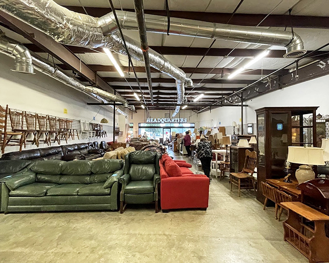 The warehouse section reveals the true scale of this thrifting paradise&mdash;where sofas line up like hopeful contestants waiting for their forever homes.