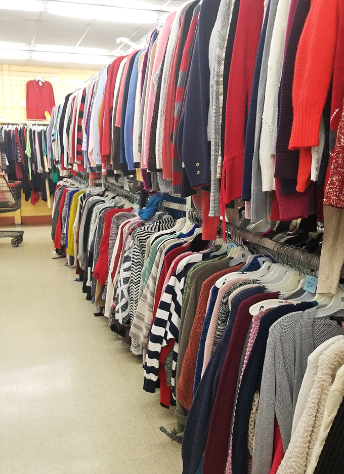 The sweater section: where your grandmother's holiday gift and your next vintage fashion statement peacefully coexist.