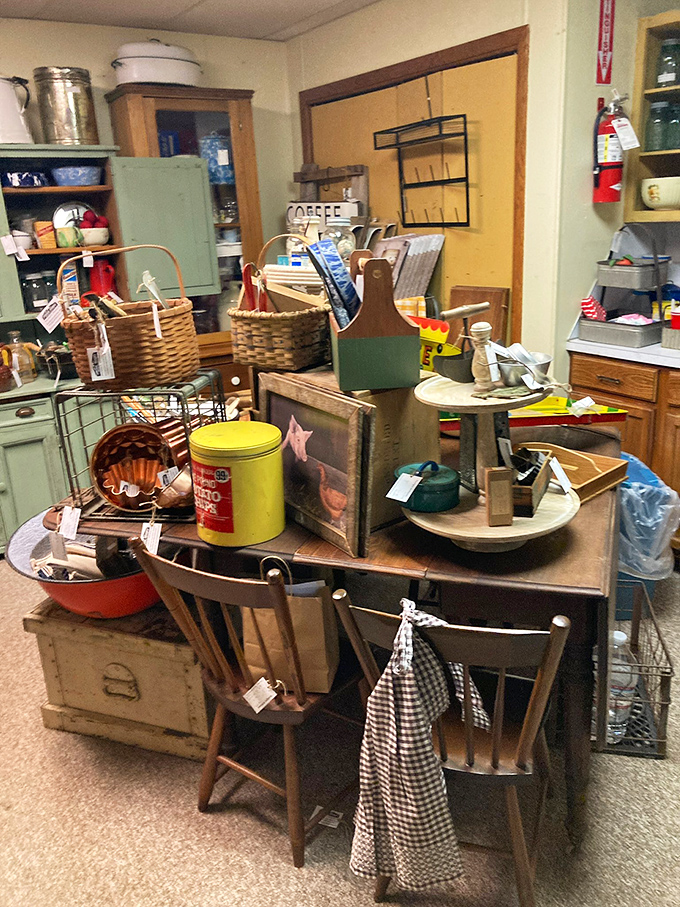 This kitchen vignette feels like stepping into a 1950s farmhouse &ndash; complete with vintage canisters that probably held cookies your grandma wouldn't let you have before dinner. 