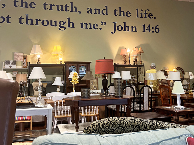 The lamp section glows with possibility beneath a biblical quote, proving that divine inspiration and home decor can indeed go hand in hand.