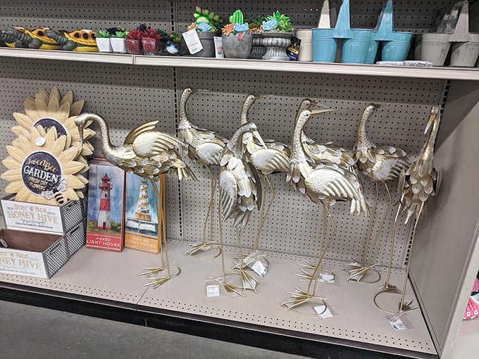 Who knew thrift stores could offer lawn art this fabulous? These metallic birds would make any garden party guests do a double-take.
