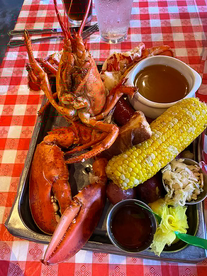 This isn't just a lobster, it's a crustacean celebration&mdash;complete with corn, potatoes, and enough drawn butter to make your cardiologist wince approvingly.