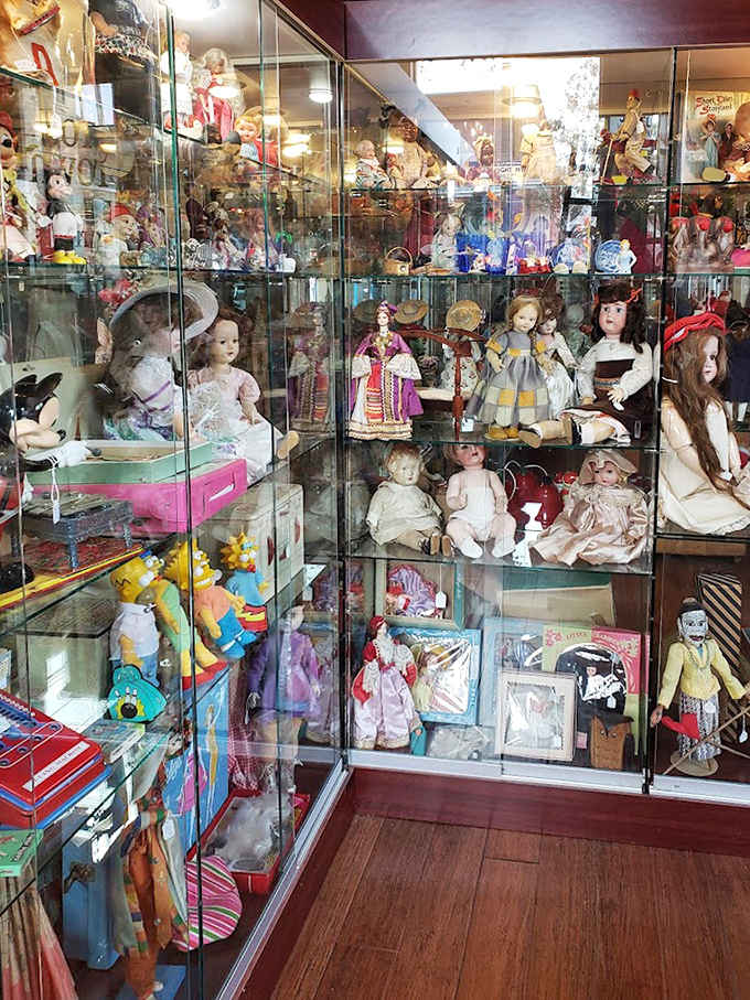 The doll collection ranges from elegant porcelain ladies to childhood favorites, each with eyes that seem to follow you nostalgically.