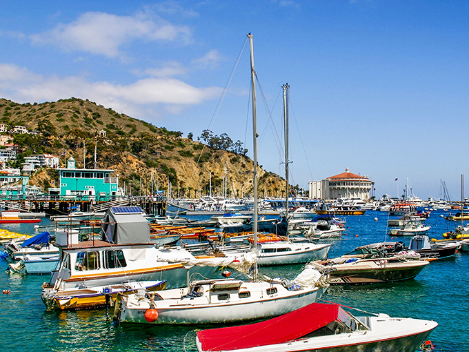 A painter's palette of boats bob in the harbor, creating a nautical traffic jam that somehow looks perfectly choreographed.