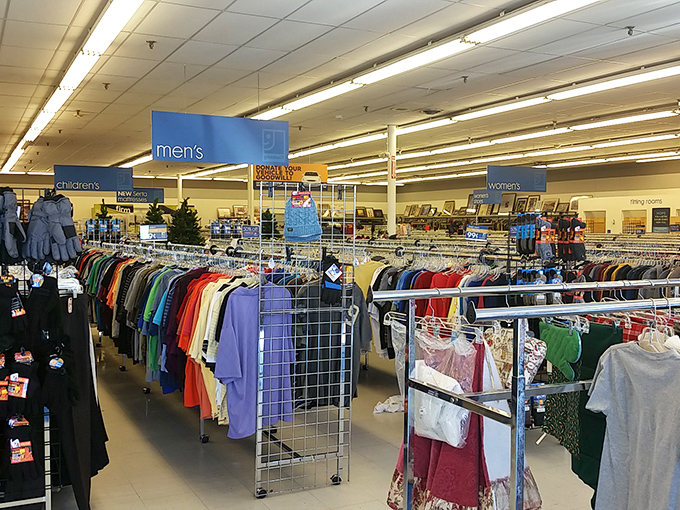 The men's department: where yesterday's boardroom heroes donate their gently-worn armor, ready for your next job interview or fancy dinner date.