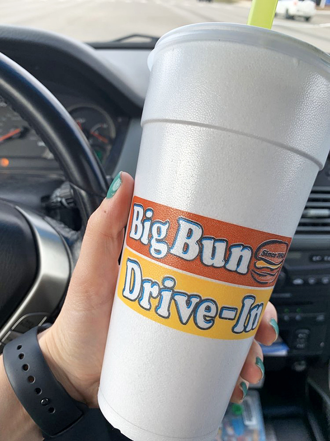 The cup says it all—Big Bun Drive-In. In a world of complicated choices, sometimes happiness is as simple as a cold drink in your cupholder.