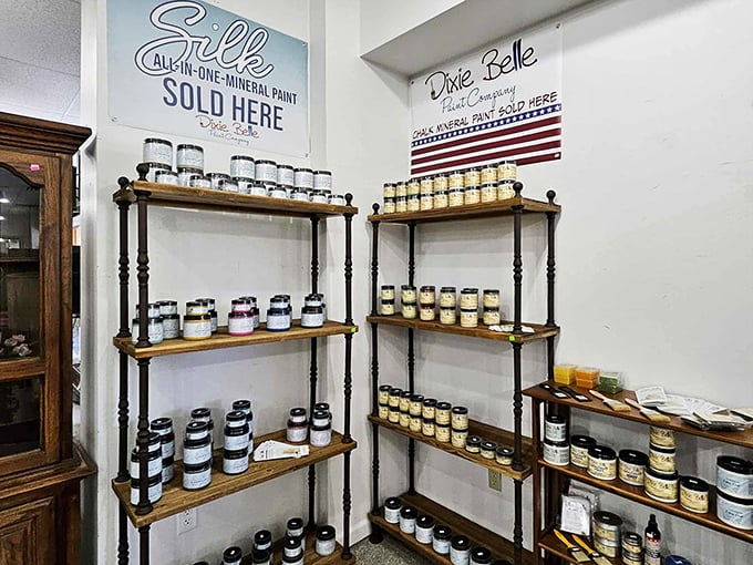 Specialty paints lined up like soldiers ready for your next DIY mission. Martha Stewart would absolutely lose her mind here.