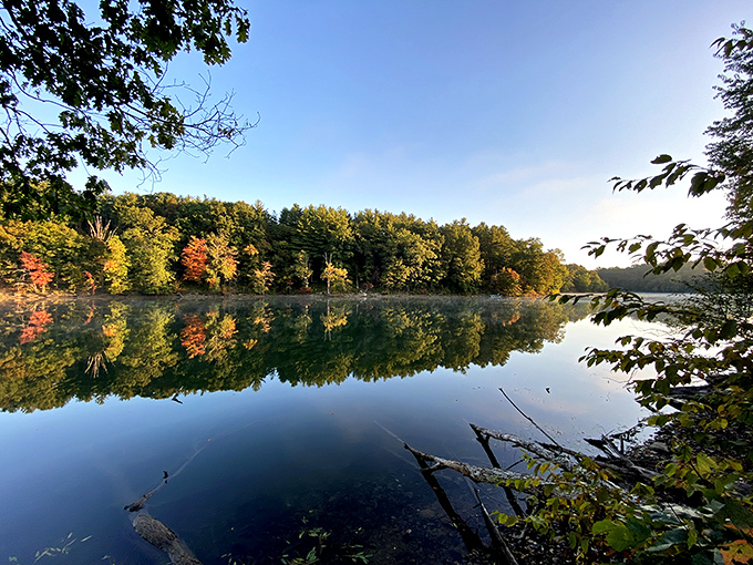 Fall's masterpiece doubled. When autumn hits Wolf Run Lake, Mother Nature shows off with a color display worthy of a standing ovation.