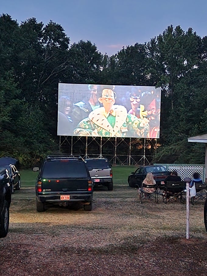 Movie magic comes alive as the screen illuminates against the darkening tree line of Iuka.