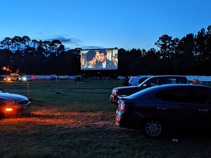 As darkness falls, the screen illuminates with Hollywood magic. Cars gather like modern campfires, their occupants united by storytelling.