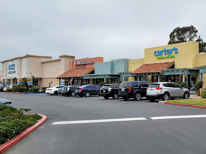 The retail equivalent of a mullet: business-like parking in front, party of savings in the back at Carter's and Famous Footwear.