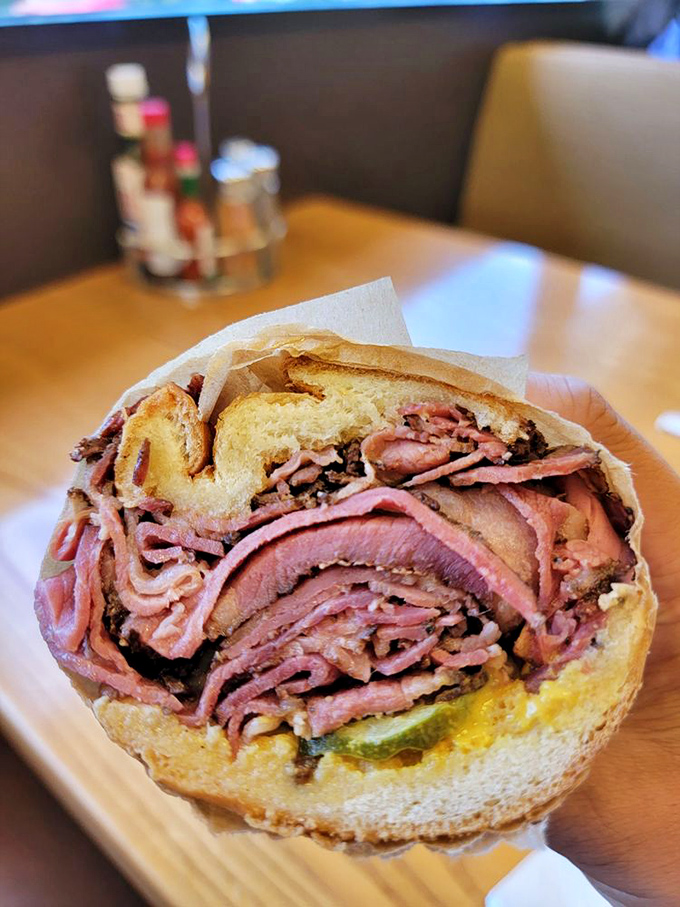 The pastrami here isn't just a sandwich, it's an architectural marvel—thinly sliced, perfectly seasoned meat stacked higher than some LA apartments.