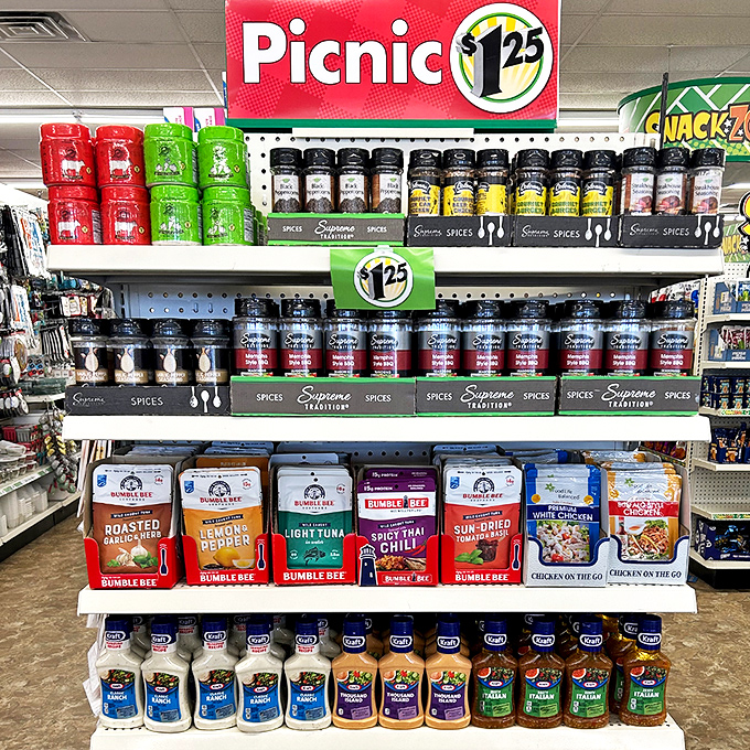 Your summer cookout headquarters: spices, marinades, and picnic essentials organized for maximum browsing efficiency and minimum wallet damage.