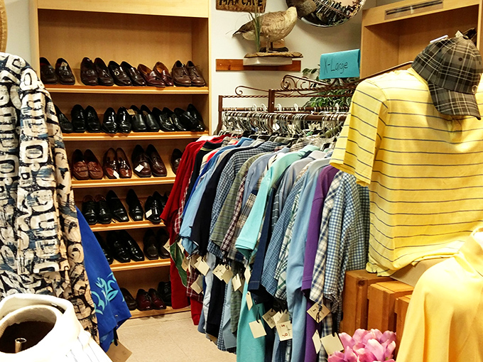 The men's section offers a time capsule of fashion, with shoes meticulously arranged like artifacts in a museum of style.