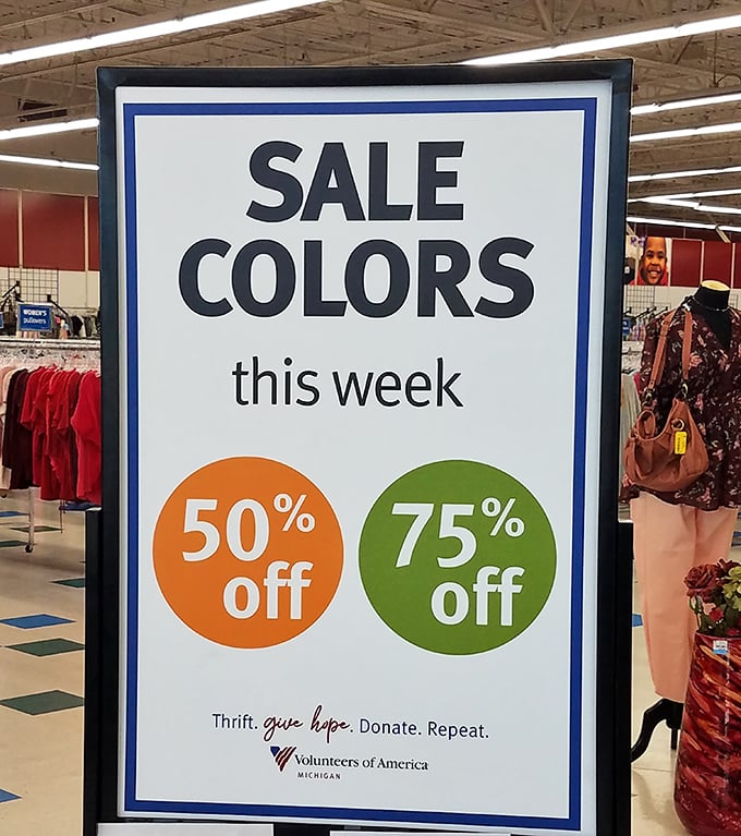 The color-coded tag system: thrift store strategy at its finest. Orange means 50% off, green means 75% off, and both mean your wallet stays happy.