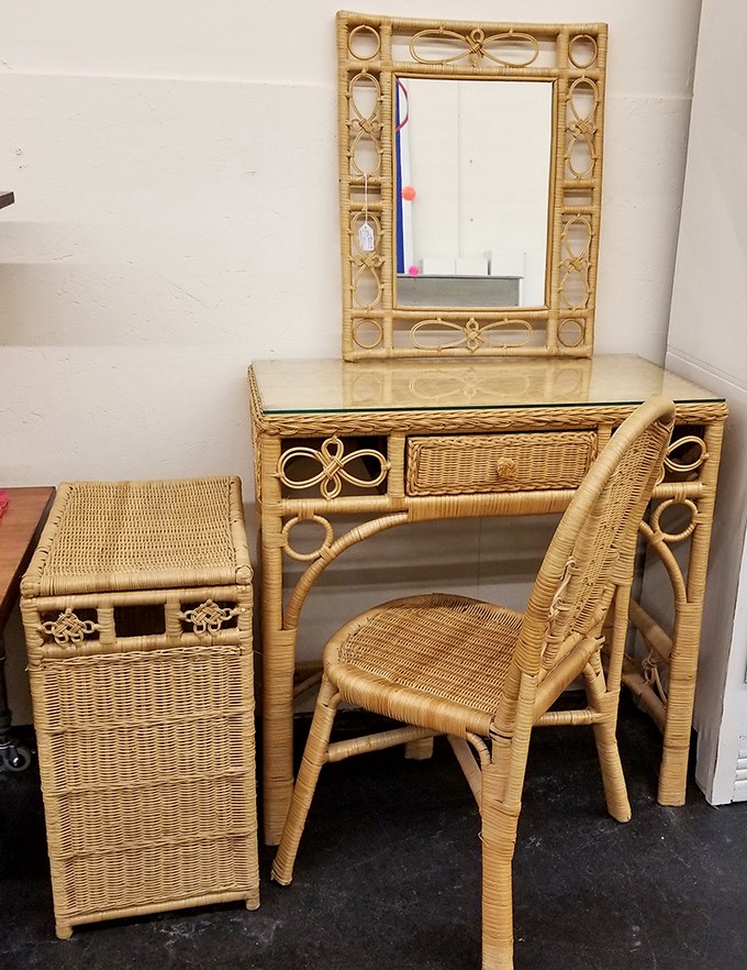 This rattan vanity set whispers tales of 1970s morning routines, when getting ready was an event, not just a rushed coffee grab.