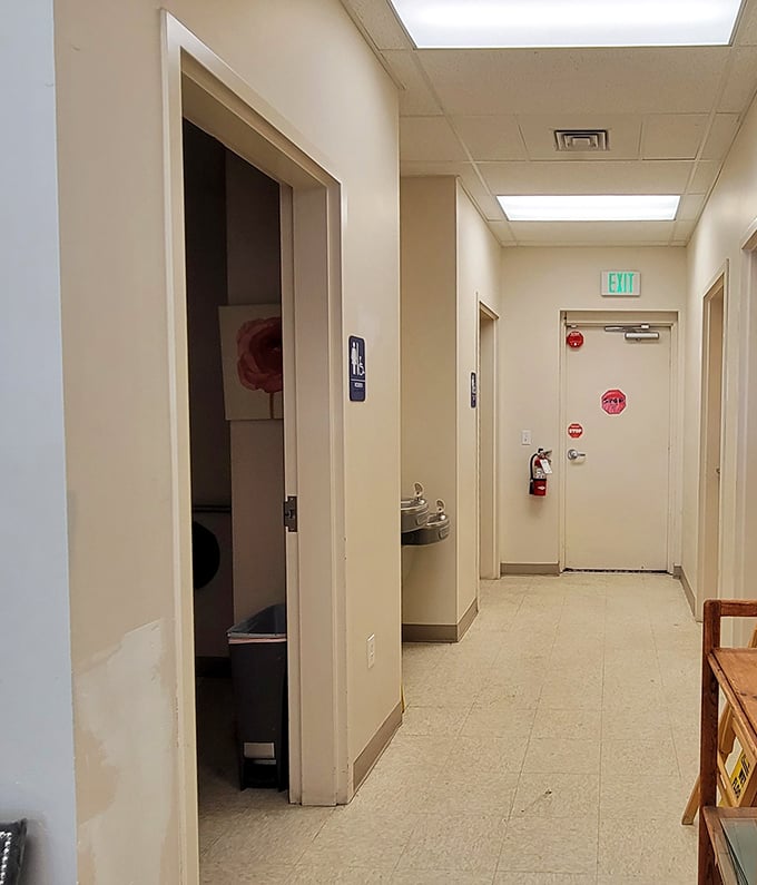 Even the hallways hold potential for discovery. The unassuming corridor leads to restrooms and perhaps an unexpected vintage find.