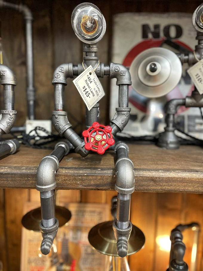 Industrial meets whimsy with this pipe-fitting robot figure&mdash;proof that yesterday's hardware can become today's conversation piece with a little imagination.