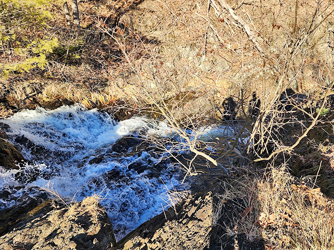 Water sculpting stone over millennia &ndash; nature's patient artistry on display in this rocky stream that whispers tales of geological time.