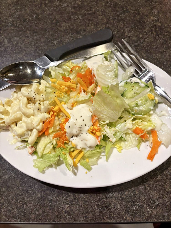 The salad bar's greatest hits album: iceberg lettuce, shredded cheese, and macaroni salad sharing a plate like old friends at a high school reunion.