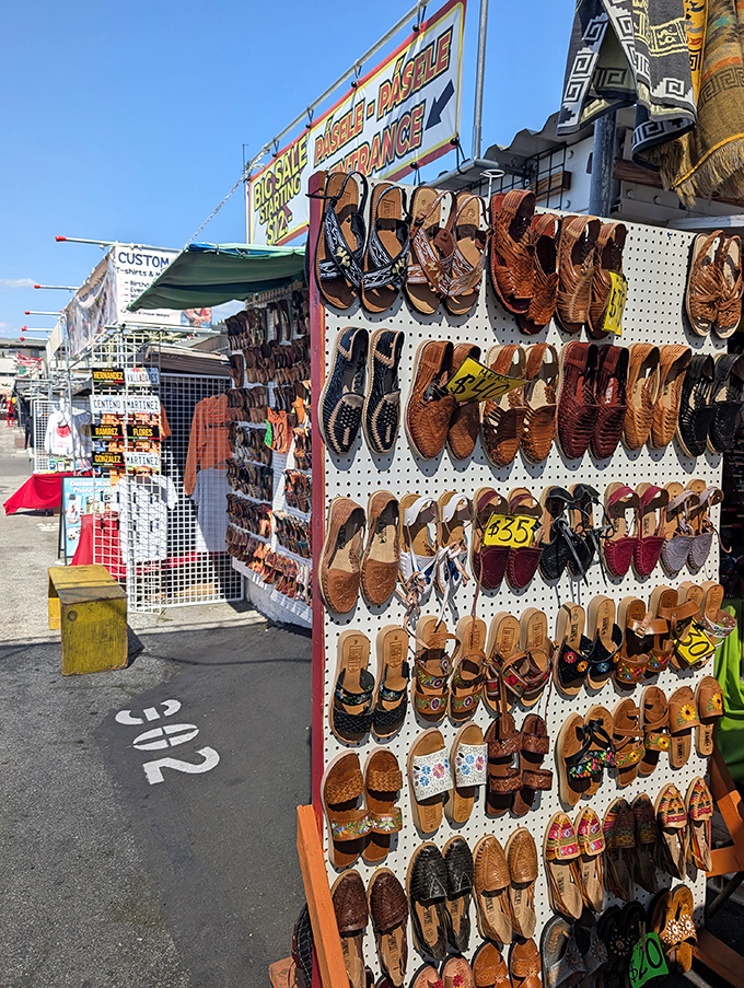 A wall of handcrafted leather sandals that would make any flip-flop enthusiast weak in the knees. Finding your size might be the day's greatest treasure hunt.