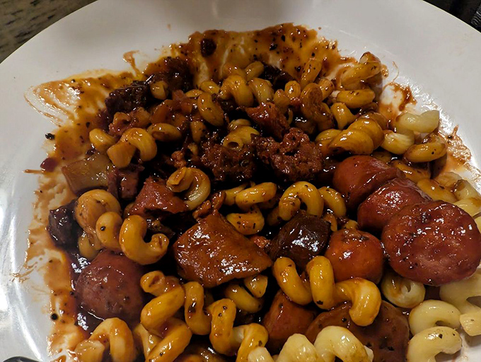 This isn't just pasta with meat &ndash; it's a hearty German stew where each elbow macaroni has been personally introduced to savory chunks of sausage in a rich sauce. 
