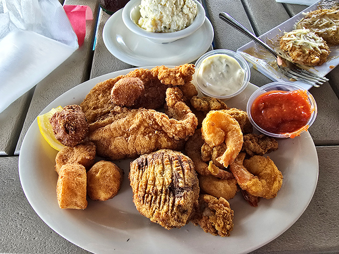 A seafood platter that requires strategic planning to conquer&mdash;like a delicious game of chess where every golden-fried piece is a winner.