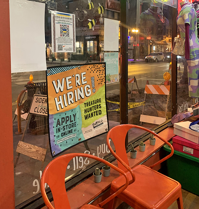 Even the waiting area screams personality with those punchy orange chairs&mdash;because at Buffalo Exchange, the treasure hunt experience deserves stylish seating.