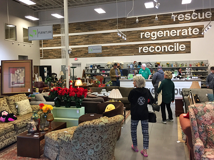 The store's mission is spelled out above: rescue, regenerate, reconcile. These aren't just words on a wall&mdash;they're the philosophy behind every carefully curated item.