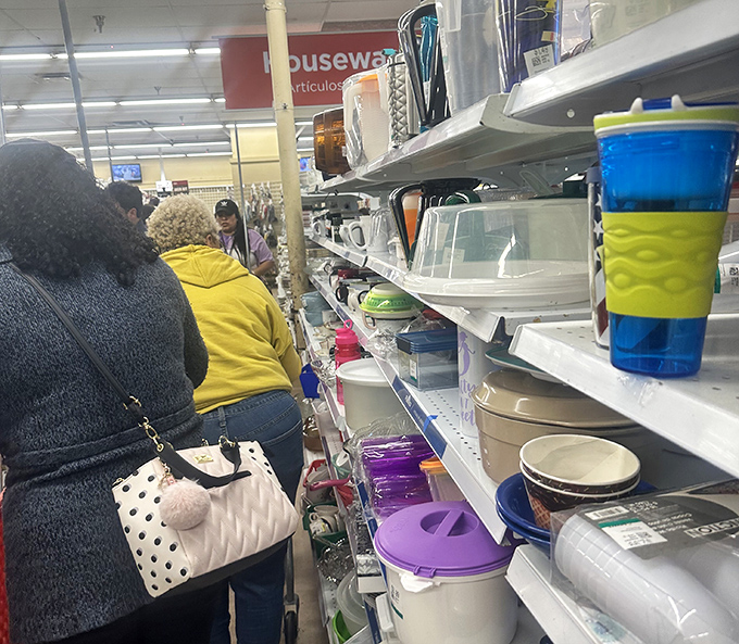 Fellow treasure hunters navigate the housewares aisle, where someone else's "no longer needed" becomes your kitchen's new star.