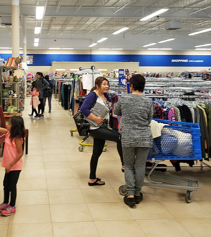 Shoppers navigate the aisles with the focused determination of archaeologists, each blue cart potentially holding the retail equivalent of King Tut's tomb.
