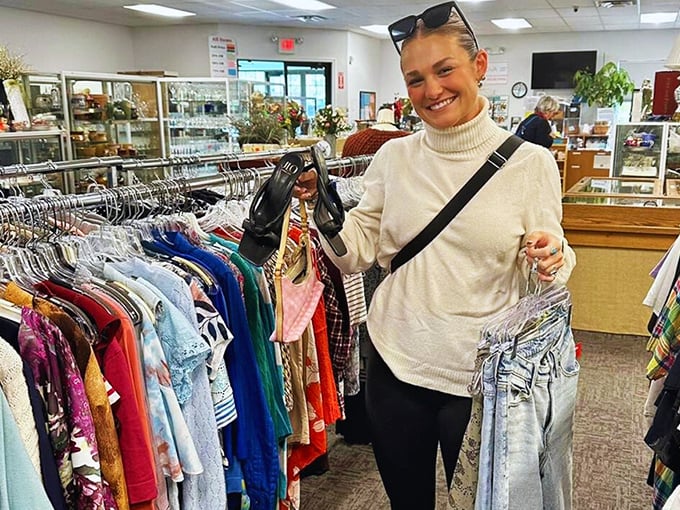 The thrill of the hunt captured in real time. That smile says "I just found designer jeans for less than a latte."