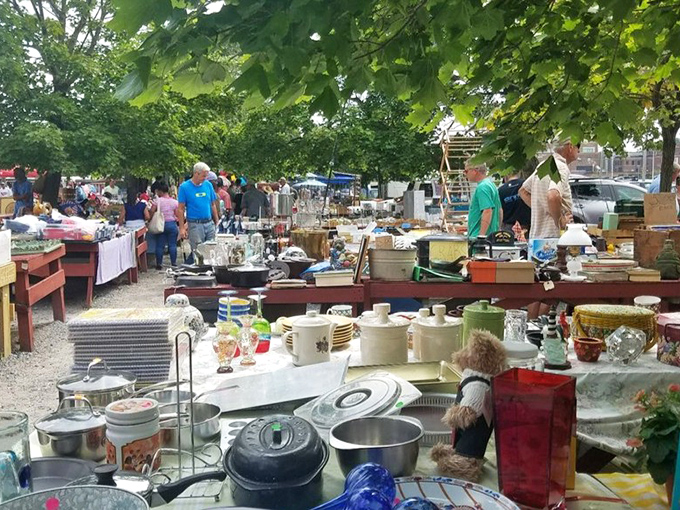 Outdoor browsing under leafy canopies turns treasure hunting into a pleasant picnic with better shopping opportunities than snacks.