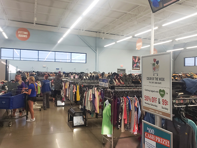 The clothing section stretches like a textile sea of possibilities. Color-coded racks make finding that perfect outfit less like searching for a needle in a haystack.