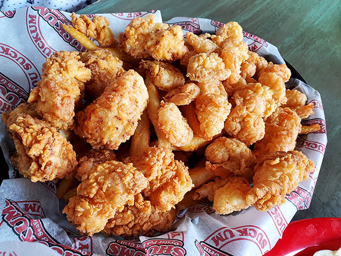 Golden-fried popcorn shrimp that snap between your teeth like edible bubble wrap. Comfort food that tastes like vacation feels.