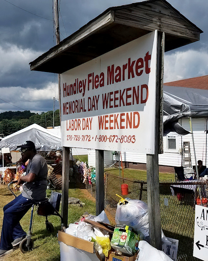 The weathered sign tells the story – Memorial Day and Labor Day weekends are when Hillsville transforms into bargain-hunter central.