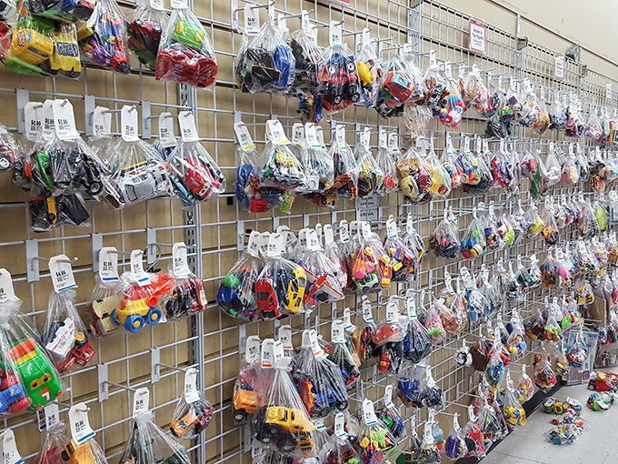 Bagged toys hang like colorful fruit, each plastic pouch containing miniature worlds of imagination at prices that won't break the piggy bank.
