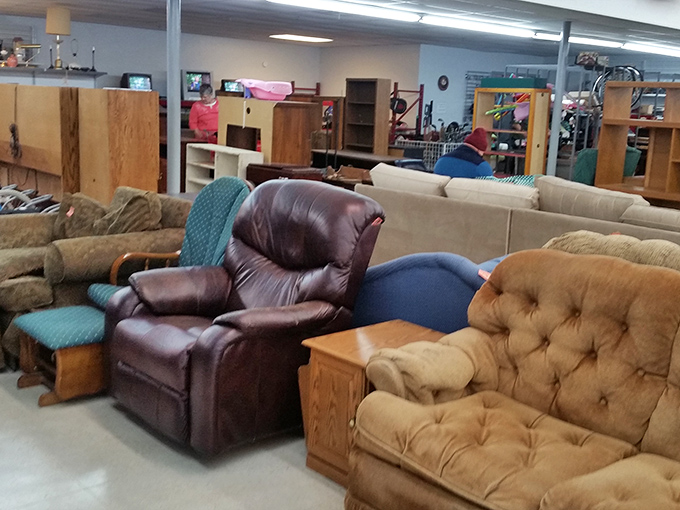 The furniture section: where that burgundy recliner your spouse vetoed years ago waits patiently for its second chance at living room stardom.