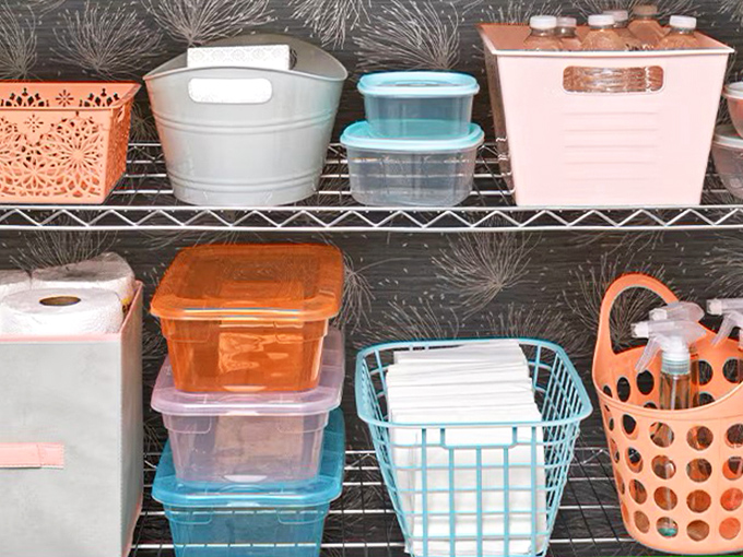 Storage solutions in candy-colored hues transform chaotic closets into organized masterpieces. Marie Kondo would definitely approve.