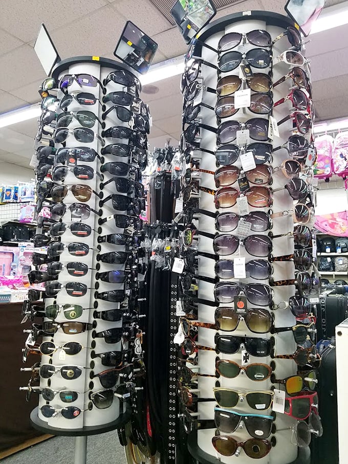 Sunglasses, sunglasses everywhere, and not a celebrity to hide. Enough styles to transform anyone into an incognito A-lister or poolside fashion icon.