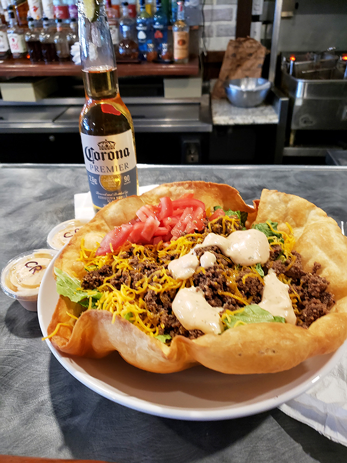 The legendary taco salad in all its glory&mdash;a crispy tortilla fortress protecting a kingdom of seasoned beef, cheese, and fresh veggies.