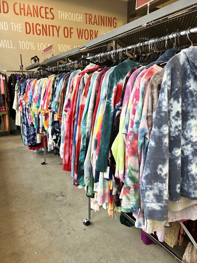 The tie-dye section looks like someone captured a San Francisco sunset and pressed it into fabric. Pure Haight-Ashbury magic.