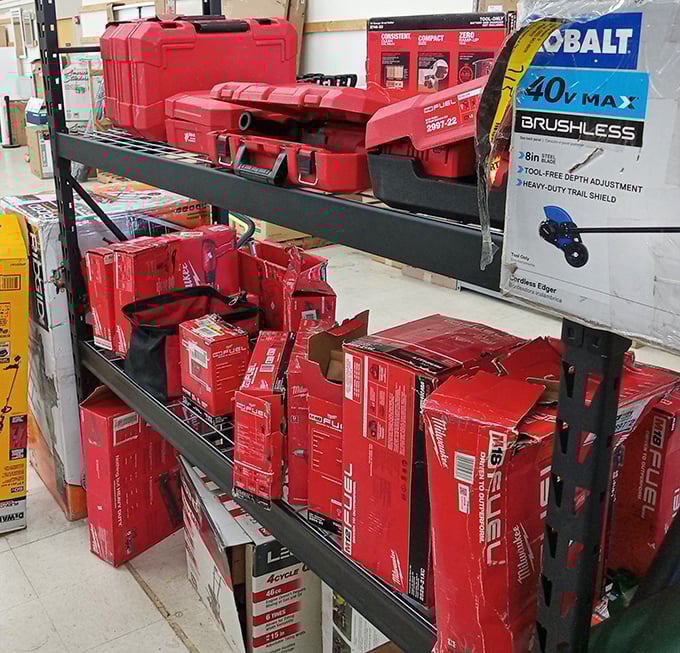 Milwaukee tool heaven! The sea of red boxes contains enough power tools to build that deck you've been promising your spouse for the last three summers.